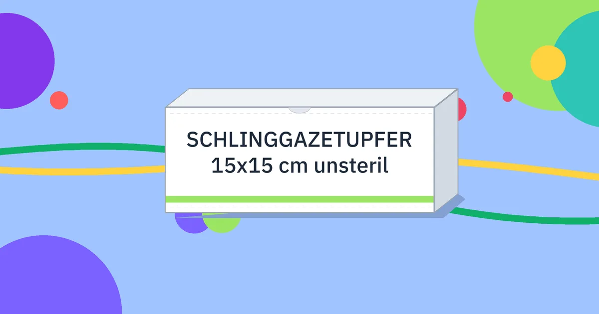 Symbolbild: Packung mit der Aufschrift SCHLINGGAZETUPFER 15x15 cm unsteril (PZN 08821618) – Verfügbarkeit und Bezug in Apotheken in Frankfurt am Main