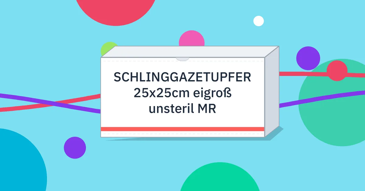 Symbolbild: Packung mit der Aufschrift SCHLINGGAZETUPFER 25x25cm eigroß unsteril MR (PZN 09946084) – Verfügbarkeit und Bezug in Apotheken in Frankfurt am Main