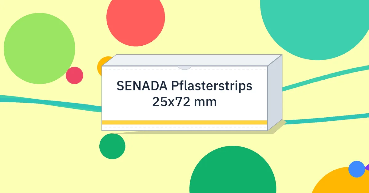 Symbolbild: Packung mit der Aufschrift SENADA Pflasterstrips 25x72 mm (PZN 17878936) – Verfügbarkeit und Bezug in Apotheken in Frankfurt am Main