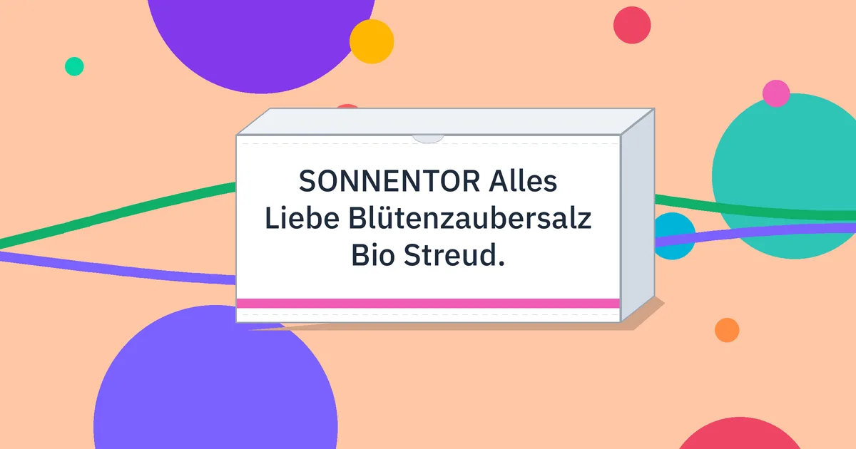 Symbolbild: Packung mit der Aufschrift SONNENTOR Alles Liebe Blütenzaubersalz Bio Streud. (PZN 18903079) – Verfügbarkeit und Bezug in Apotheken in Frankfurt am Main