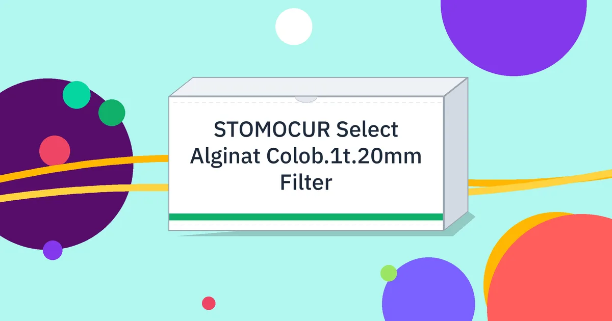 Symbolbild: Packung mit der Aufschrift STOMOCUR Select Alginat Colob.1t.20mm Filter (PZN 18239055) – Verfügbarkeit und Bezug in Apotheken in Frankfurt am Main