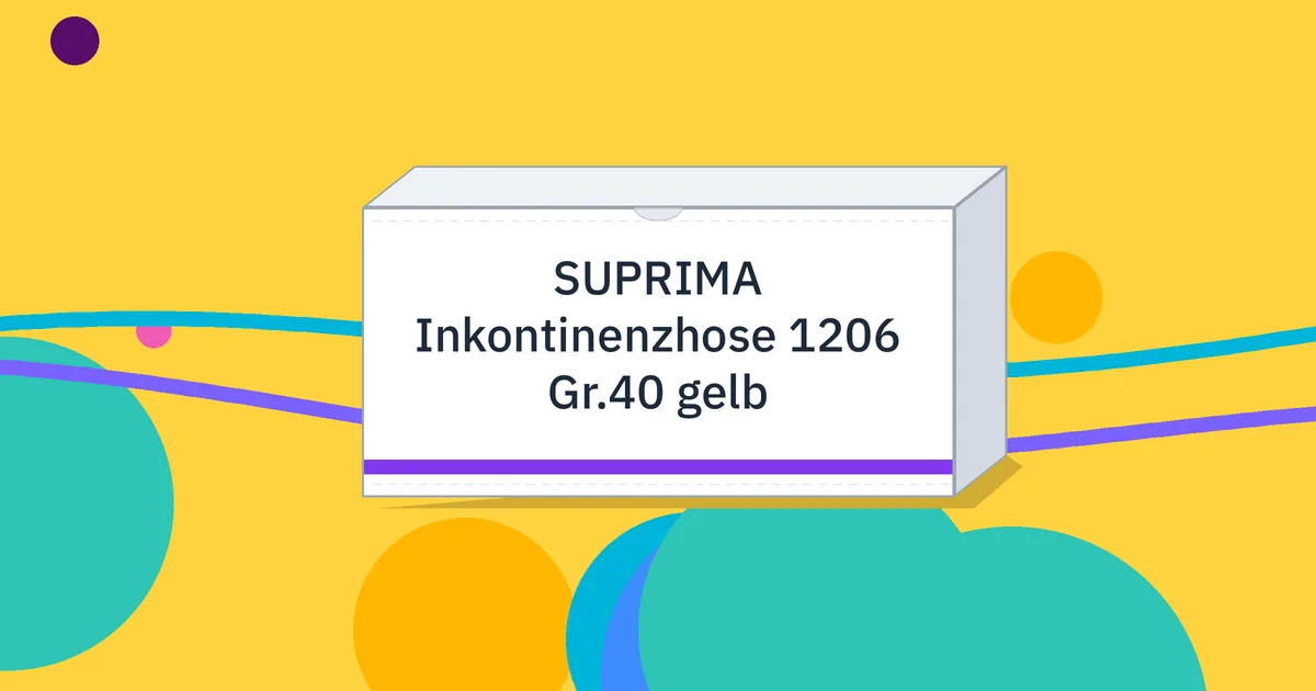Symbolbild: Packung mit der Aufschrift SUPRIMA Inkontinenzhose 1206 Gr.40 gelb (PZN 01514830) – Verfügbarkeit und Bezug in Apotheken in Frankfurt am Main