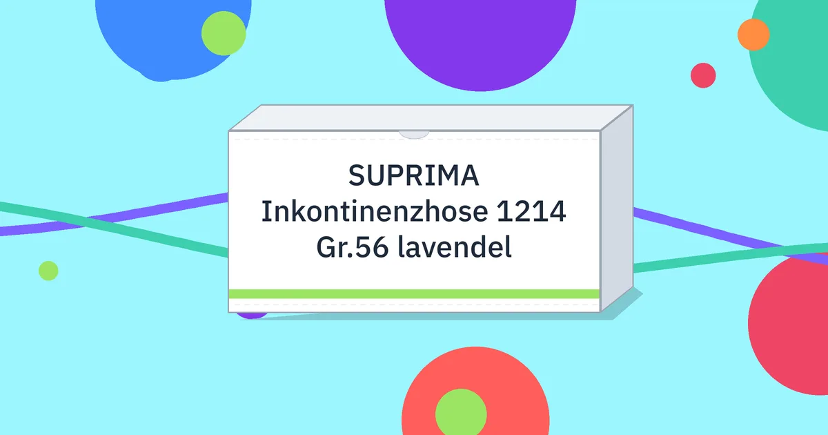 Symbolbild: Packung mit der Aufschrift SUPRIMA Inkontinenzhose 1214 Gr.56 lavendel (PZN 02852397) – Verfügbarkeit und Bezug in Apotheken in Frankfurt am Main