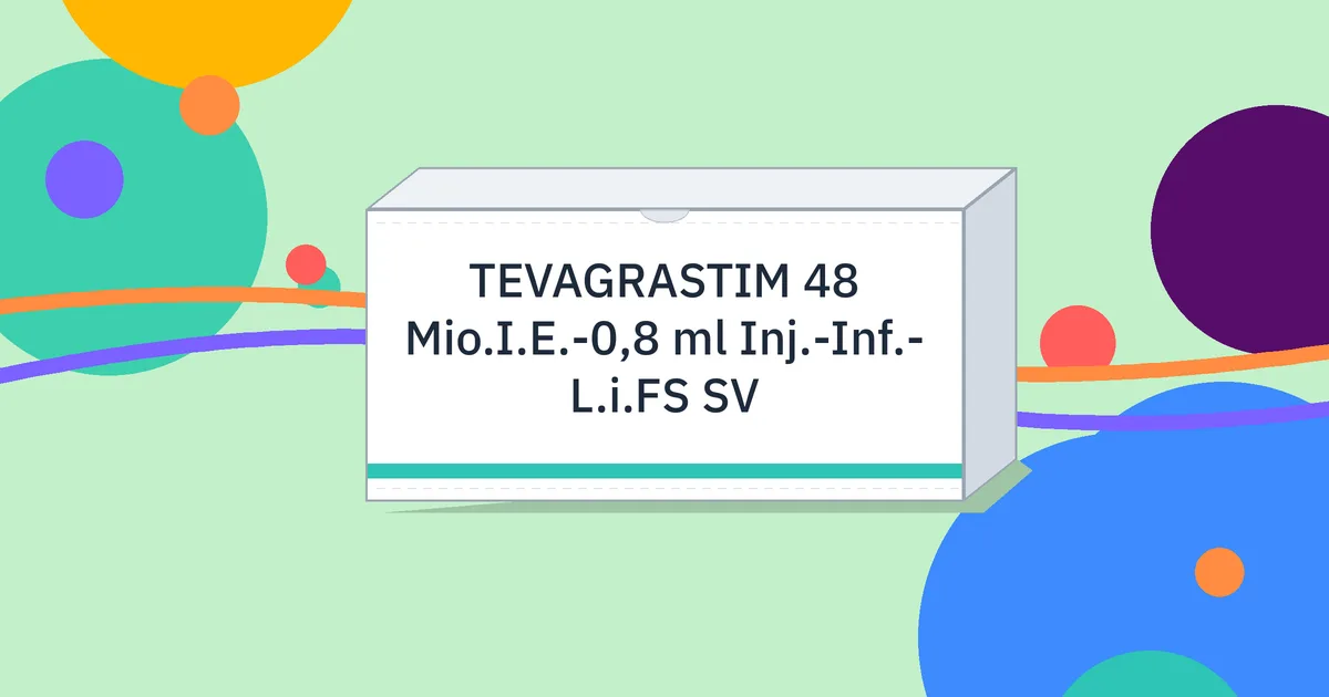 Symbolbild: Packung mit der Aufschrift TEVAGRASTIM 48 Mio.I.E.-0,8 ml Inj.-Inf.-L.i.FS SV (PZN 12555312) – Verfügbarkeit und Bezug in Apotheken in Frankfurt am Main