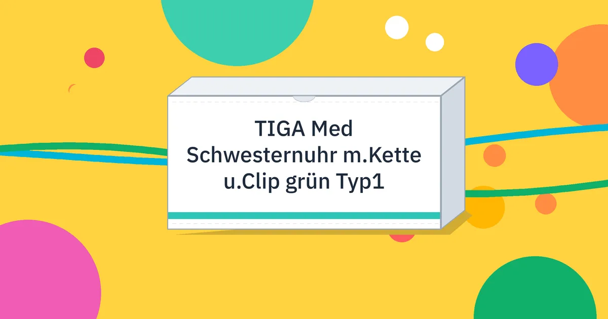 Symbolbild: Packung mit der Aufschrift TIGA Med Schwesternuhr m.Kette u.Clip grün Typ1 (PZN 06839092) – Verfügbarkeit und Bezug in Apotheken in Frankfurt am Main