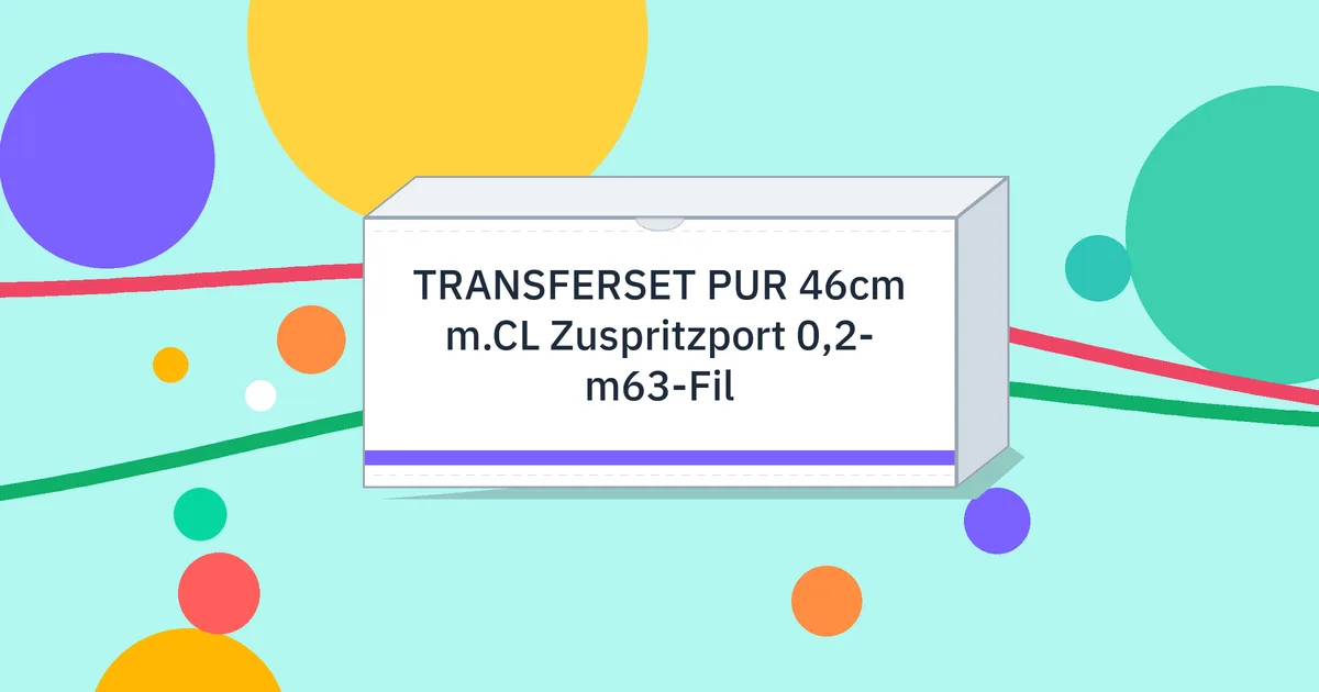 Symbolbild: Packung mit der Aufschrift TRANSFERSET PUR 46cm m.CL Zuspritzport 0,2-m63-Fil (PZN 19443326) – Verfügbarkeit und Bezug in Apotheken in Frankfurt am Main