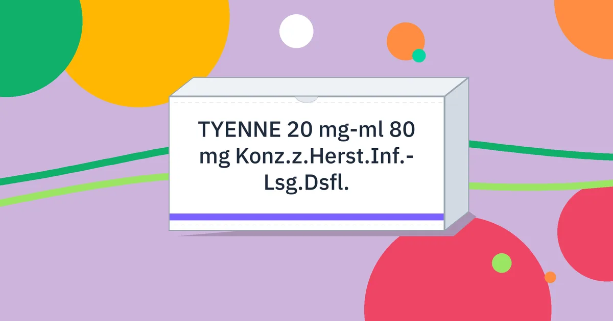 Symbolbild: Packung mit der Aufschrift TYENNE 20 mg-ml 80 mg Konz.z.Herst.Inf.-Lsg.Dsfl. (PZN 18817569) – Verfügbarkeit und Bezug in Apotheken in Frankfurt am Main