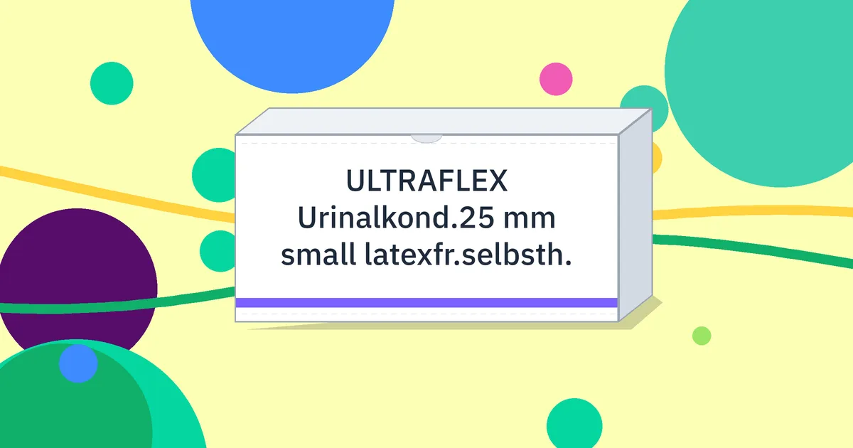 Symbolbild: Packung mit der Aufschrift ULTRAFLEX Urinalkond.25 mm small latexfr.selbsth. (PZN 13847100) – Verfügbarkeit und Bezug in Apotheken in Frankfurt am Main