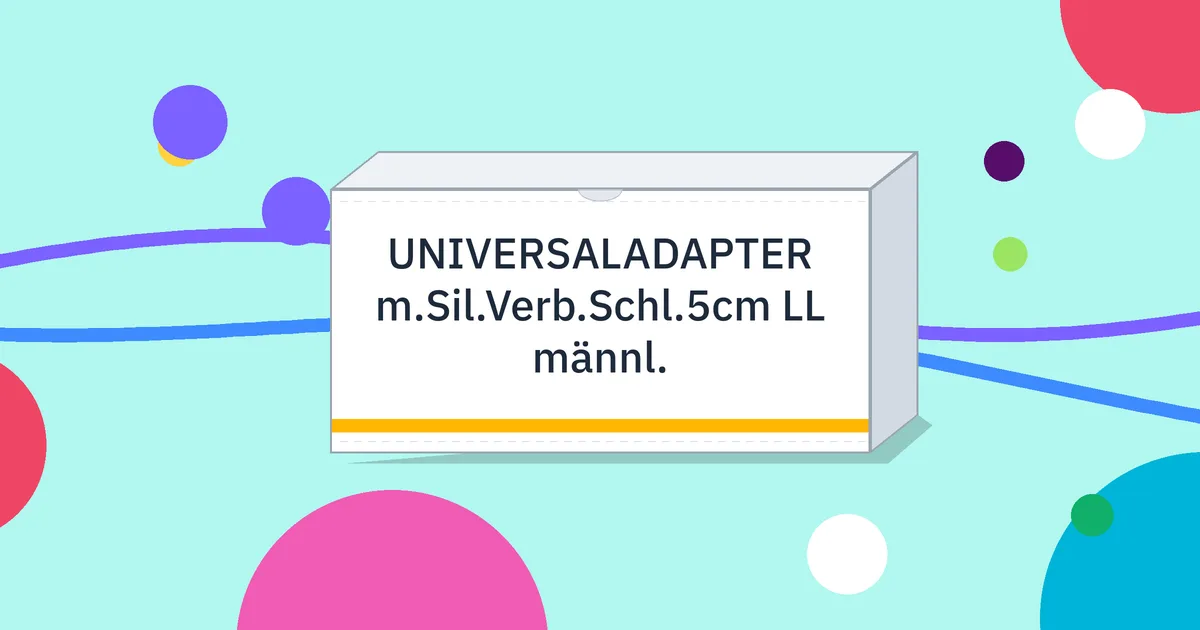 Symbolbild: Packung mit der Aufschrift UNIVERSALADAPTER m.Sil.Verb.Schl.5cm LL männl. (PZN 18306343) – Verfügbarkeit und Bezug in Apotheken in Frankfurt am Main