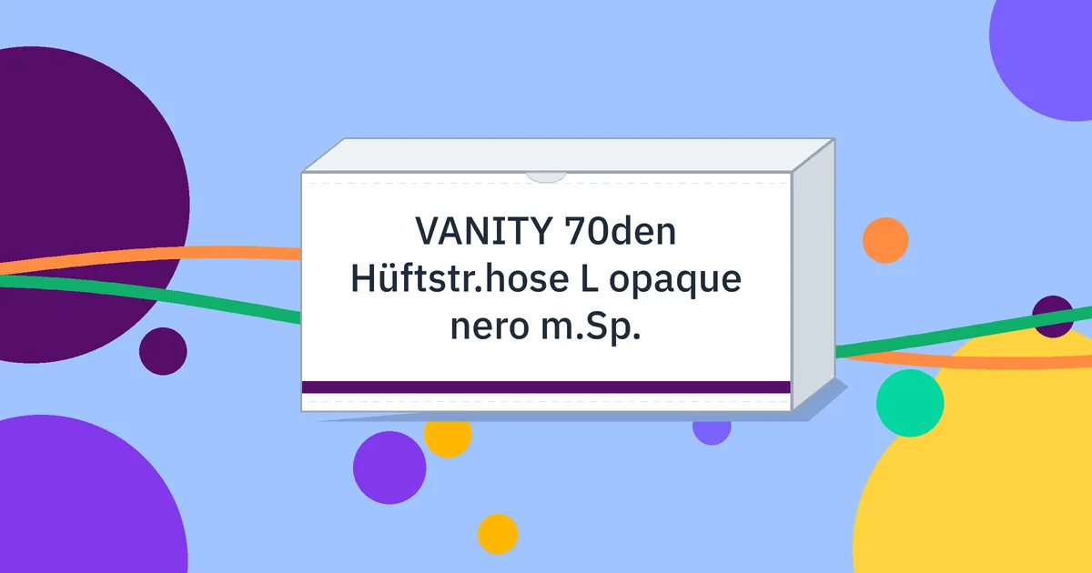 Symbolbild: Packung mit der Aufschrift VANITY 70den Hüftstr.hose L opaque nero m.Sp. (PZN 16188997) – Verfügbarkeit und Bezug in Apotheken in Frankfurt am Main