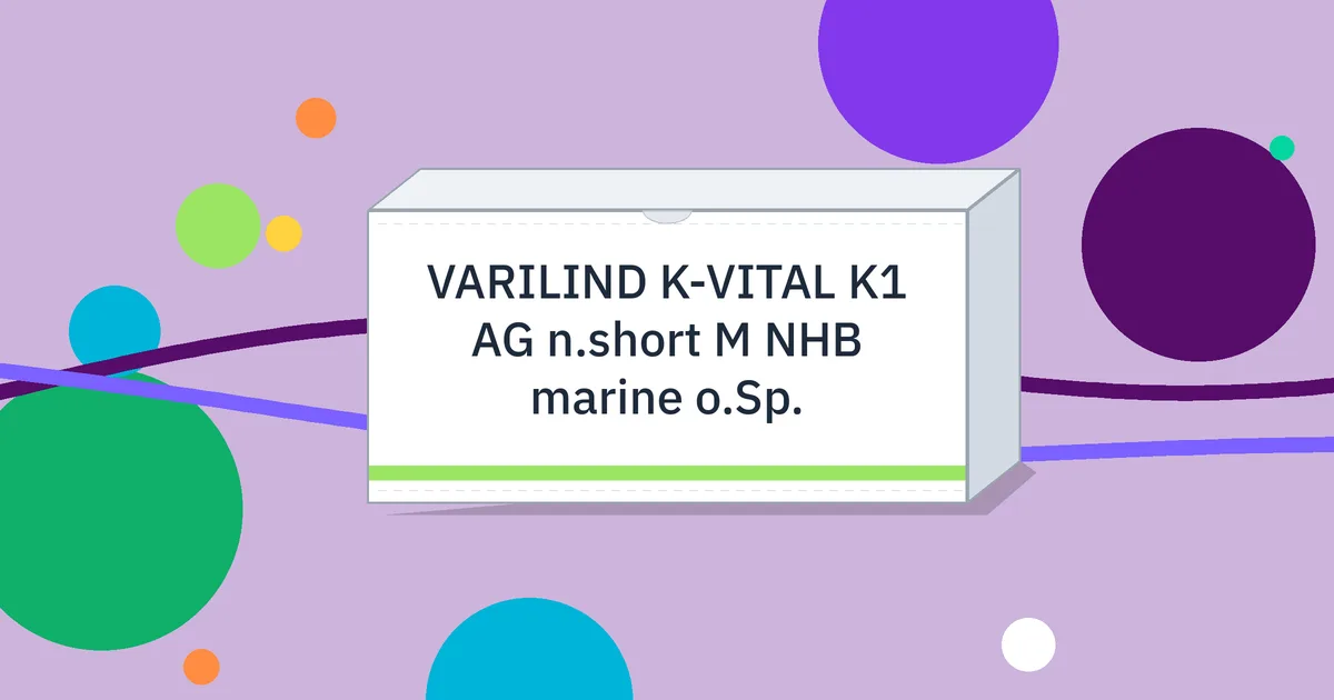 Symbolbild: Packung mit der Aufschrift VARILIND K-VITAL K1 AG n.short M NHB marine o.Sp. (PZN 20563231) – Verfügbarkeit und Bezug in Apotheken in Frankfurt am Main