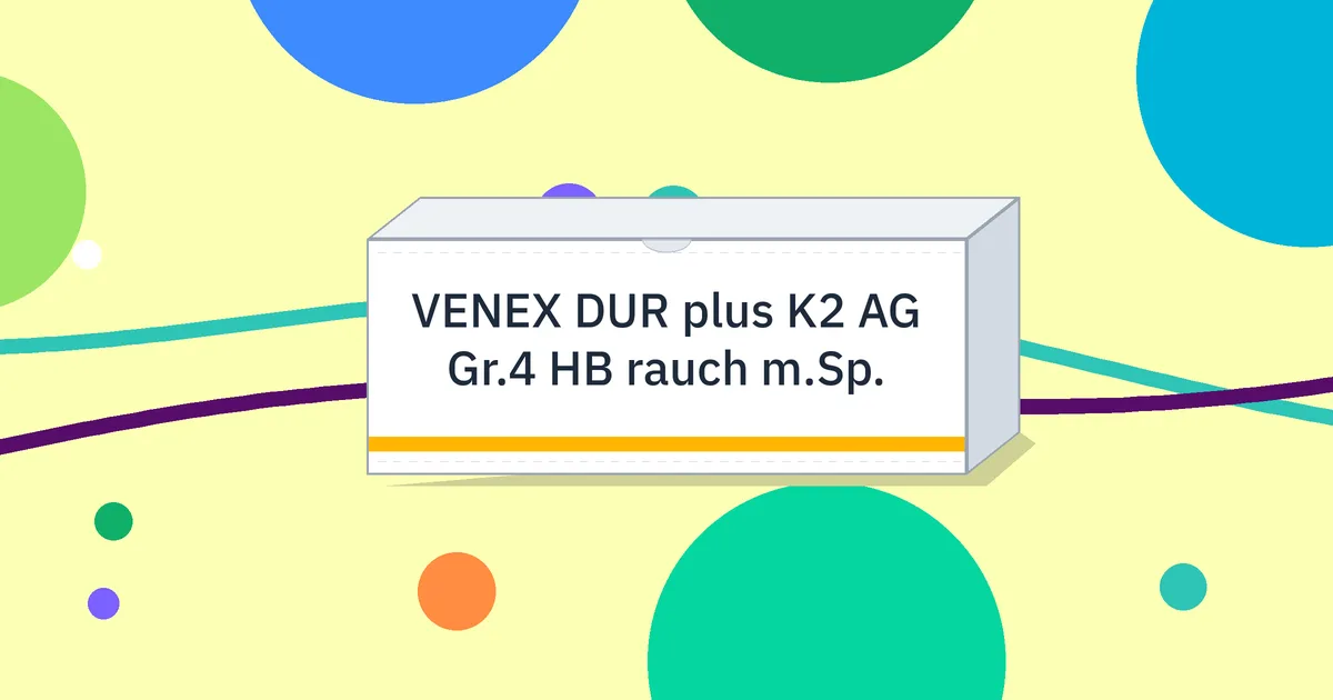 Symbolbild: Packung mit der Aufschrift VENEX DUR plus K2 AG Gr.4 HB rauch m.Sp. (PZN 03236111) – Verfügbarkeit und Bezug in Apotheken in Frankfurt am Main