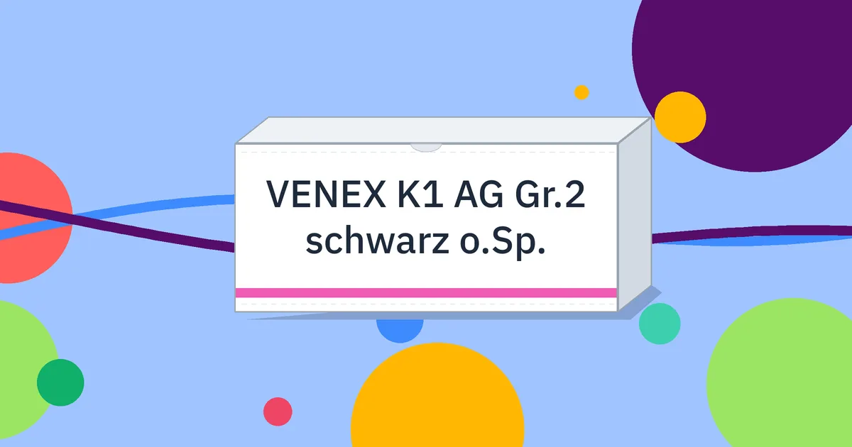 Symbolbild: Packung mit der Aufschrift VENEX K1 AG Gr.2 schwarz o.Sp. (PZN 03189587) – Verfügbarkeit und Bezug in Apotheken in Frankfurt am Main
