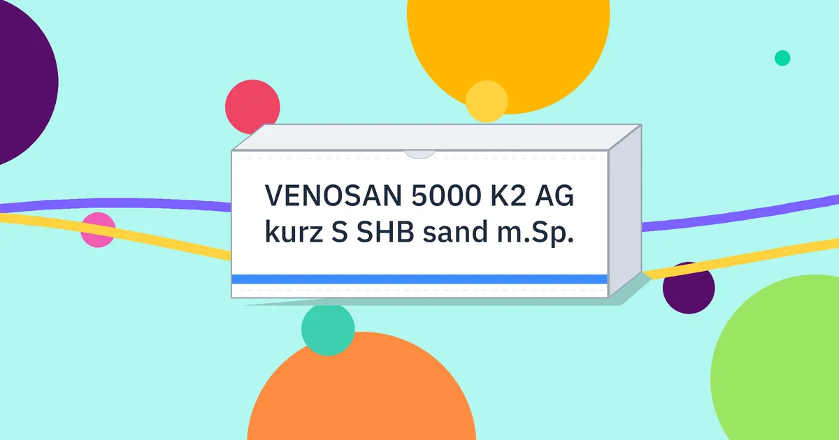 Symbolbild: Packung mit der Aufschrift VENOSAN 5000 K2 AG kurz S SHB sand m.Sp. (PZN 14428919) – Verfügbarkeit und Bezug in Apotheken in Frankfurt am Main