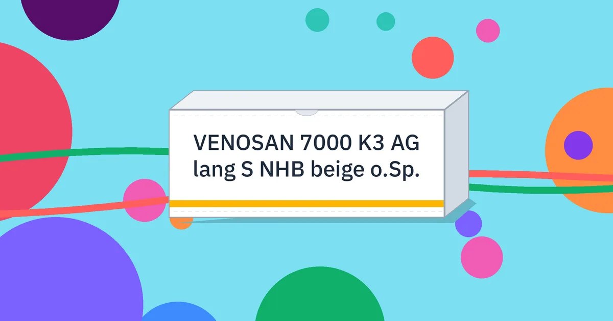 Symbolbild: Packung mit der Aufschrift VENOSAN 7000 K3 AG lang S NHB beige o.Sp. (PZN 14435322) – Verfügbarkeit und Bezug in Apotheken in Frankfurt am Main