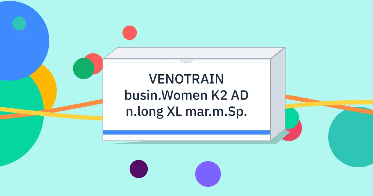 Symbolbild: Packung mit der Aufschrift VENOTRAIN busin.Women K2 AD n.long XL mar.m.Sp. (PZN 10195950) – Verfügbarkeit und Bezug in Apotheken in Frankfurt am Main