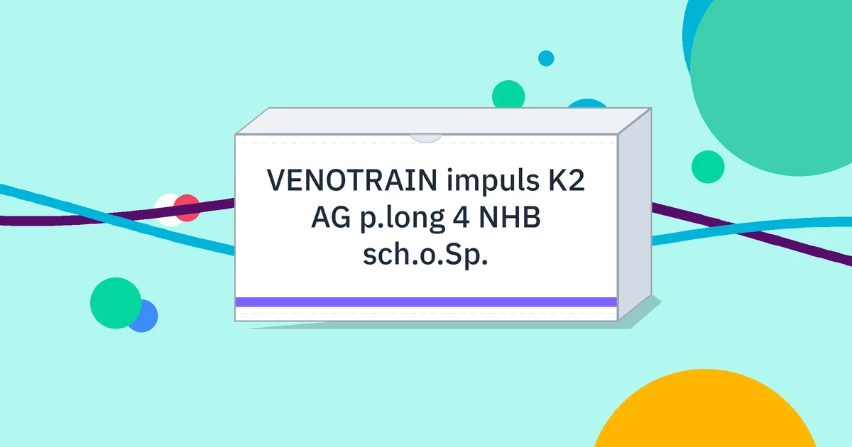 Symbolbild: Packung mit der Aufschrift VENOTRAIN impuls K2 AG p.long 4 NHB sch.o.Sp. (PZN 00520739) – Verfügbarkeit und Bezug in Apotheken in Frankfurt am Main