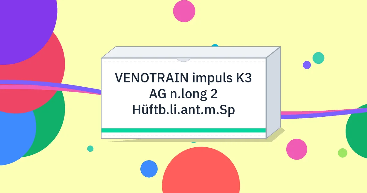Symbolbild: Packung mit der Aufschrift VENOTRAIN impuls K3 AG n.long 2 Hüftb.li.ant.m.Sp (PZN 15220575) – Verfügbarkeit und Bezug in Apotheken in Frankfurt am Main
