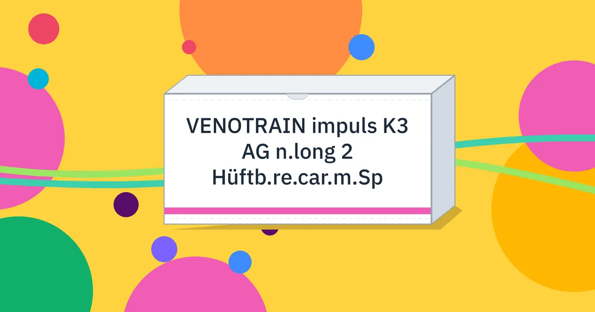 Symbolbild: Packung mit der Aufschrift VENOTRAIN impuls K3 AG n.long 2 Hüftb.re.car.m.Sp (PZN 10293581) – Verfügbarkeit und Bezug in Apotheken in Frankfurt am Main