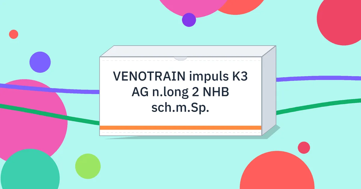 Symbolbild: Packung mit der Aufschrift VENOTRAIN impuls K3 AG n.long 2 NHB sch.m.Sp. (PZN 00522307) – Verfügbarkeit und Bezug in Apotheken in Frankfurt am Main