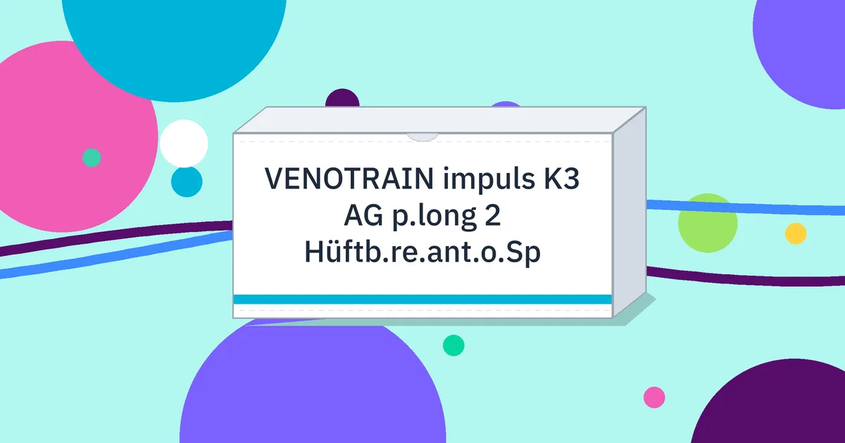 Symbolbild: Packung mit der Aufschrift VENOTRAIN impuls K3 AG p.long 2 Hüftb.re.ant.o.Sp (PZN 15218638) – Verfügbarkeit und Bezug in Apotheken in Frankfurt am Main