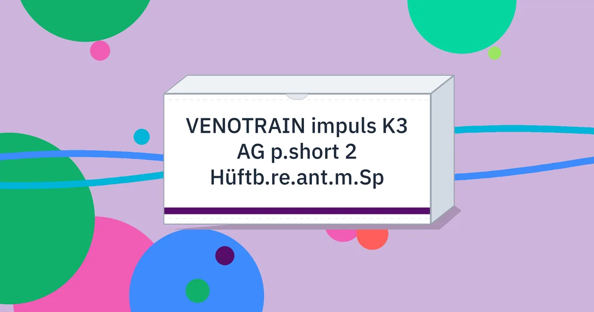 Symbolbild: Packung mit der Aufschrift VENOTRAIN impuls K3 AG p.short 2 Hüftb.re.ant.m.Sp (PZN 15218271) – Verfügbarkeit und Bezug in Apotheken in Frankfurt am Main
