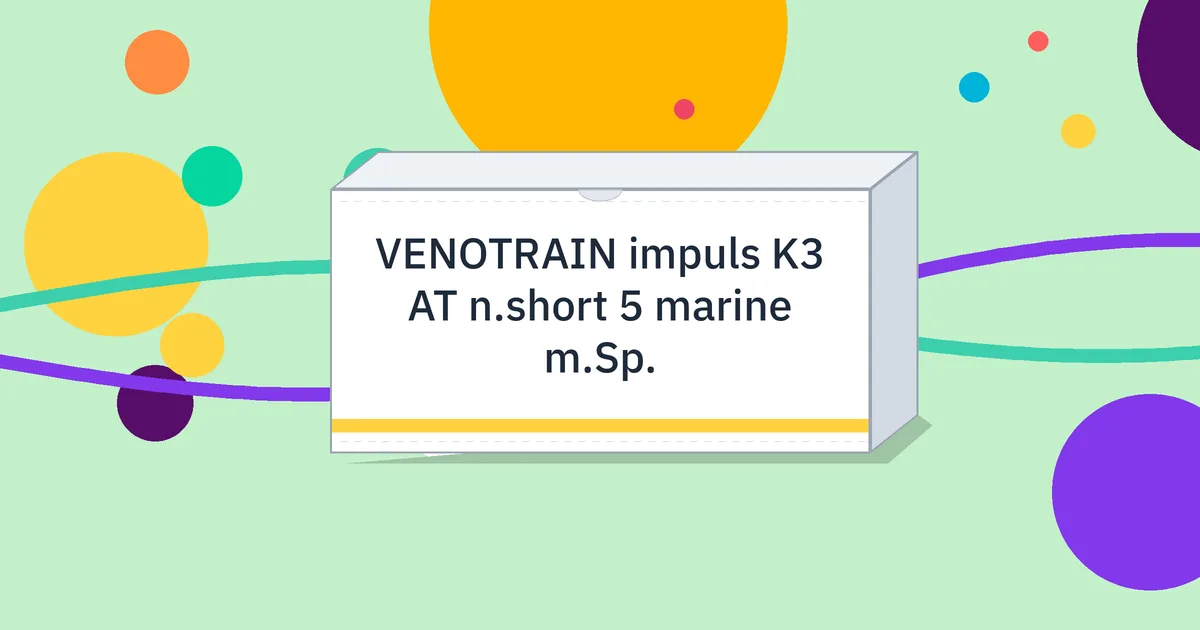 Symbolbild: Packung mit der Aufschrift VENOTRAIN impuls K3 AT n.short 5 marine m.Sp. (PZN 19355510) – Verfügbarkeit und Bezug in Apotheken in Frankfurt am Main