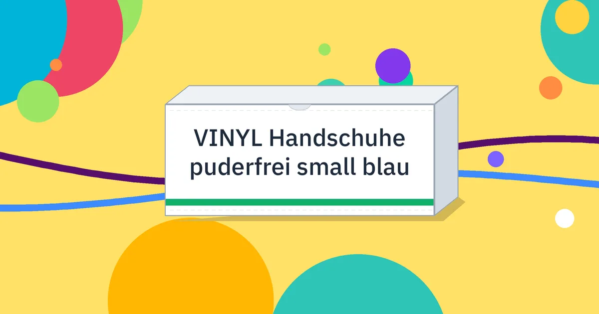 Symbolbild: Packung mit der Aufschrift VINYL Handschuhe puderfrei small blau (PZN 04650580) – Verfügbarkeit und Bezug in Apotheken in Frankfurt am Main