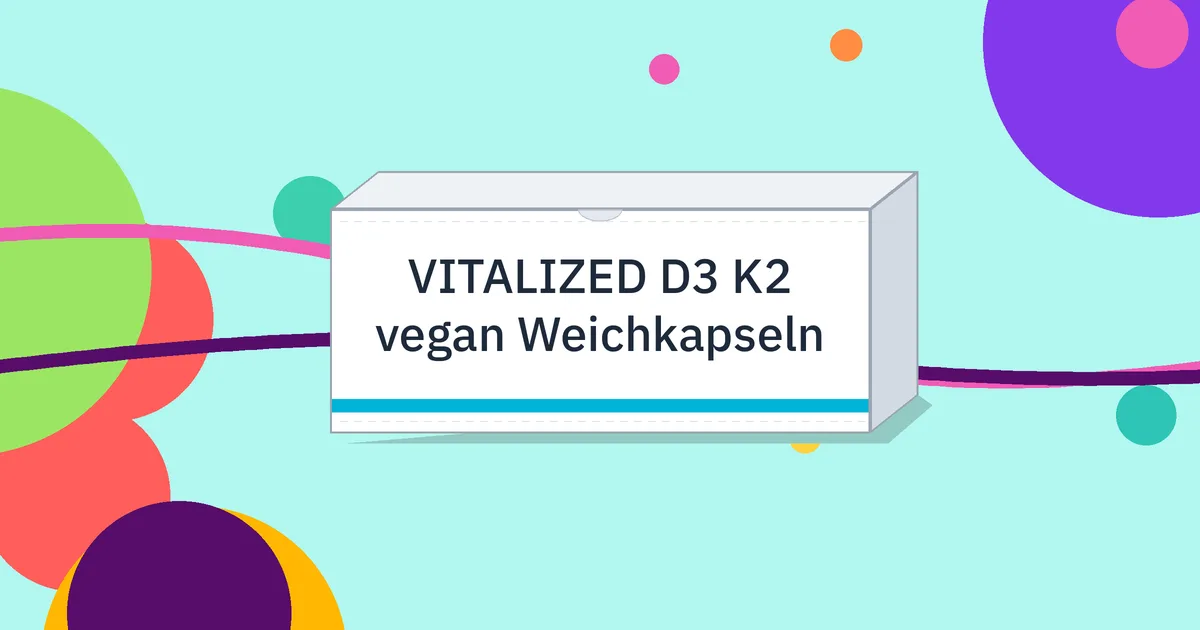 Symbolbild: Packung mit der Aufschrift VITALIZED D3 K2 vegan Weichkapseln (PZN 20125732) – Verfügbarkeit und Bezug in Apotheken in Frankfurt am Main