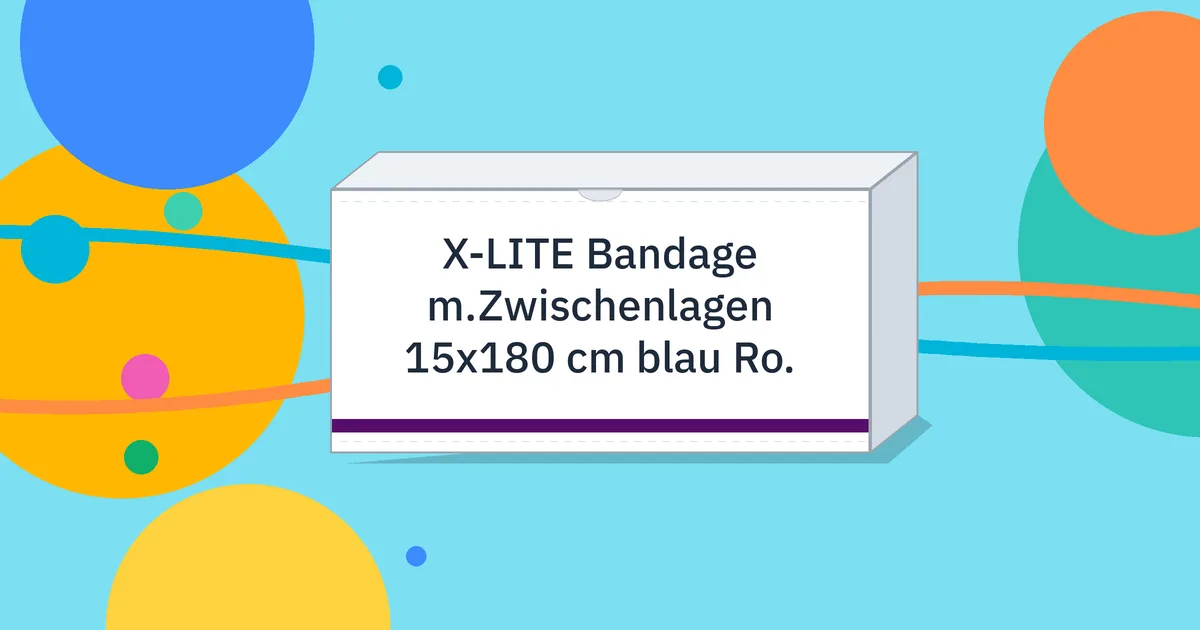 Symbolbild: Packung mit der Aufschrift X-LITE Bandage m.Zwischenlagen 15x180 cm blau Ro. (PZN 02467185) – Verfügbarkeit und Bezug in Apotheken in Frankfurt am Main
