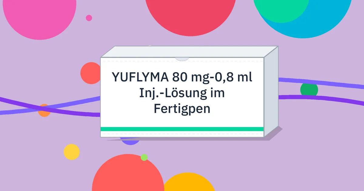 Symbolbild: Packung mit der Aufschrift YUFLYMA 80 mg-0,8 ml Inj.-Lösung im Fertigpen (PZN 18653211) – Verfügbarkeit und Bezug in Apotheken in Frankfurt am Main