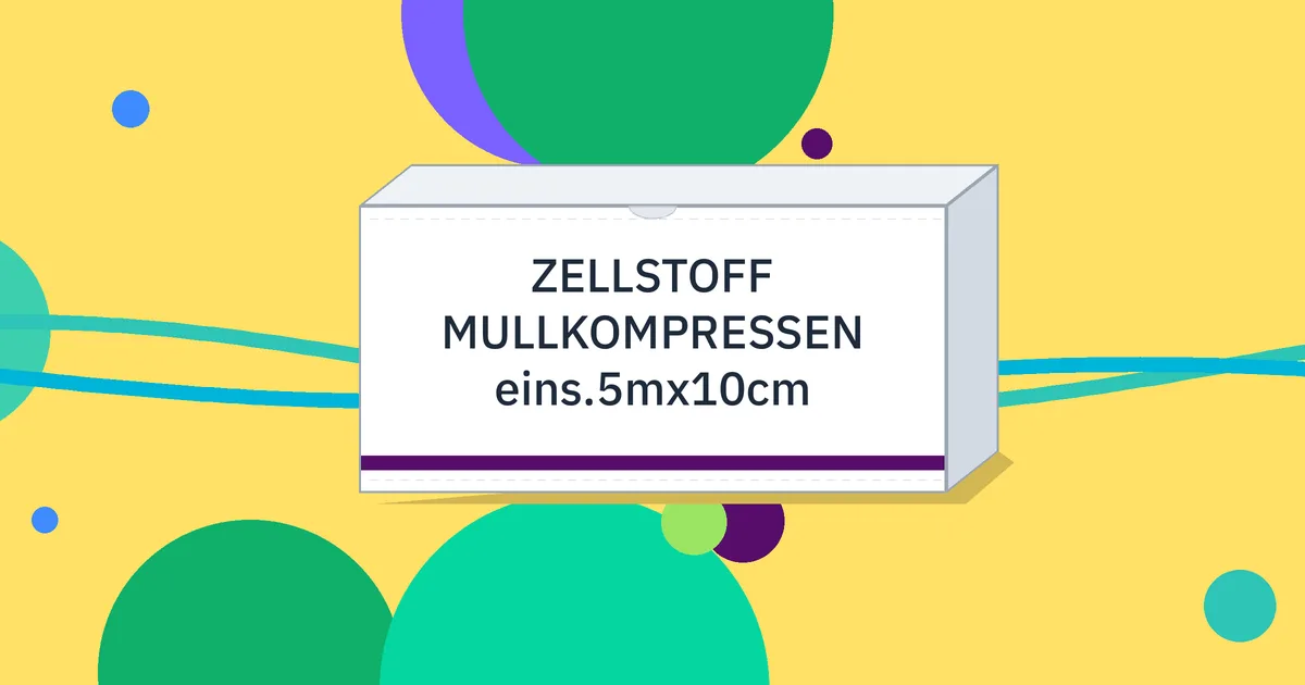 Symbolbild: Packung mit der Aufschrift ZELLSTOFF MULLKOMPRESSEN eins.5mx10cm (PZN 01722882) – Verfügbarkeit und Bezug in Apotheken in Frankfurt am Main