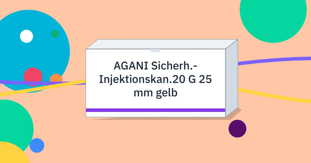 Symbolbild: Packung mit der Aufschrift AGANI Sicherh.-Injektionskan.20 G 25 mm gelb (PZN 20130704) – Verfügbarkeit und Bezug in Apotheken in Frankfurt am Main