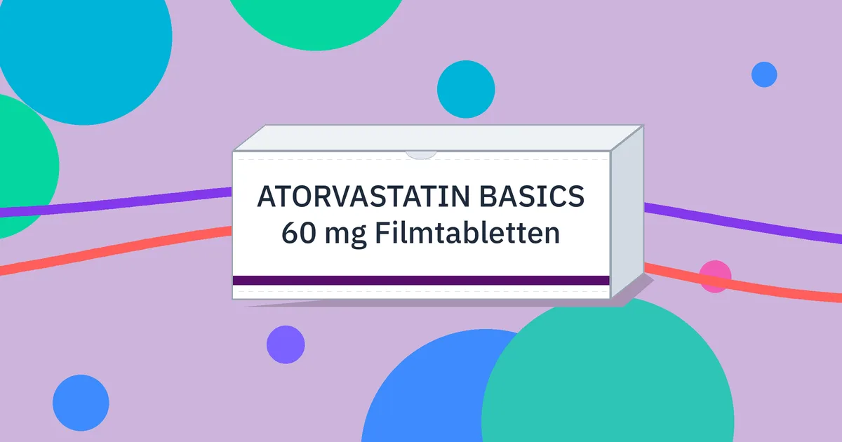 Symbolbild: Packung mit der Aufschrift ATORVASTATIN BASICS 60 mg Filmtabletten (PZN 11083963) – Verfügbarkeit und Bezug in Apotheken in Frankfurt am Main