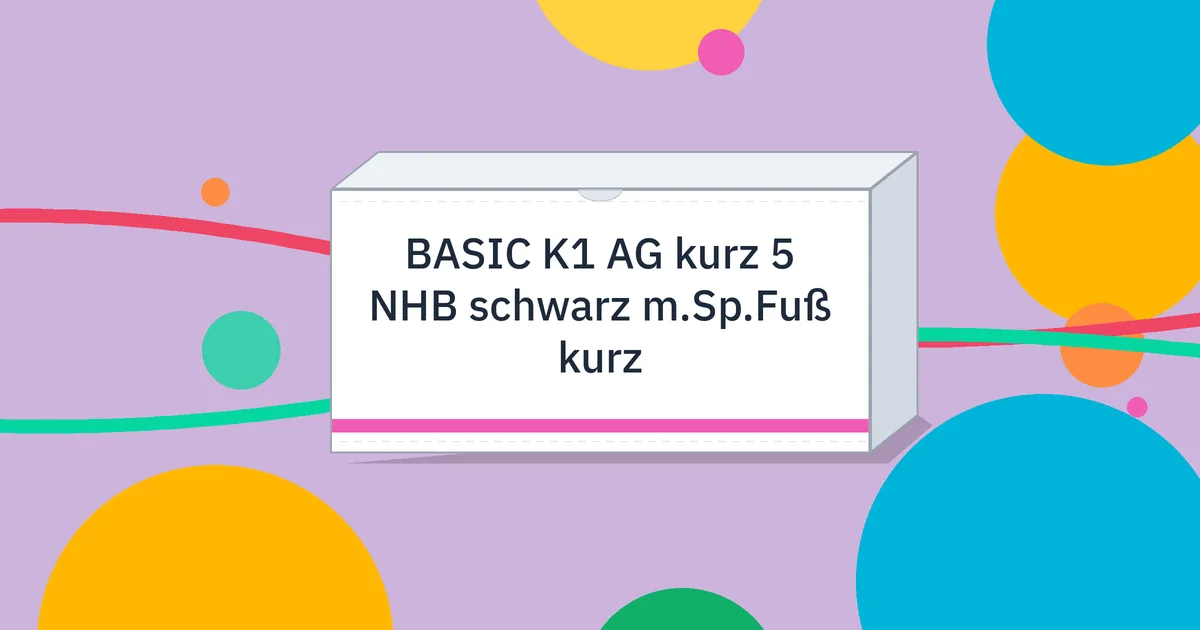 Symbolbild: Packung mit der Aufschrift BASIC K1 AG kurz 5 NHB schwarz m.Sp.Fuß kurz (PZN 20261234) – Verfügbarkeit und Bezug in Apotheken in Frankfurt am Main