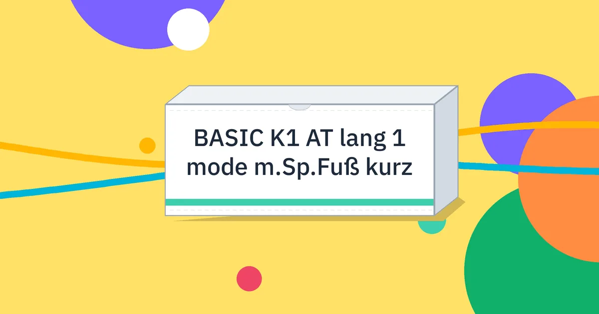 Symbolbild: Packung mit der Aufschrift BASIC K1 AT lang 1 mode m.Sp.Fuß kurz (PZN 20262222) – Verfügbarkeit und Bezug in Apotheken in Frankfurt am Main