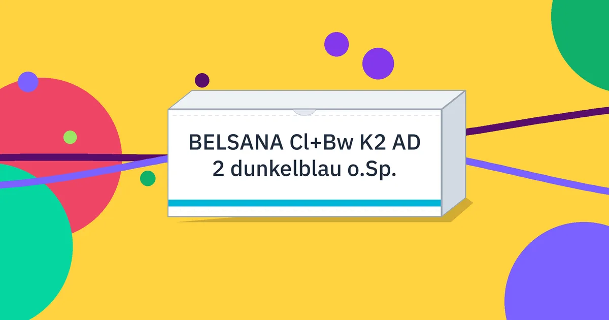 Symbolbild: Packung mit der Aufschrift BELSANA Cl+Bw K2 AD 2 dunkelblau o.Sp. (PZN 15626395) – Verfügbarkeit und Bezug in Apotheken in Frankfurt am Main