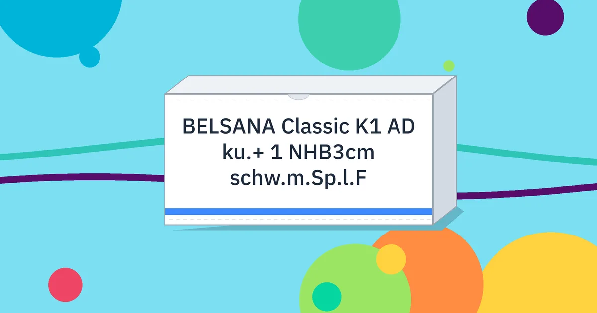Symbolbild: Packung mit der Aufschrift BELSANA Classic K1 AD ku.+ 1 NHB3cm schw.m.Sp.l.F (PZN 19254217) – Verfügbarkeit und Bezug in Apotheken in Frankfurt am Main
