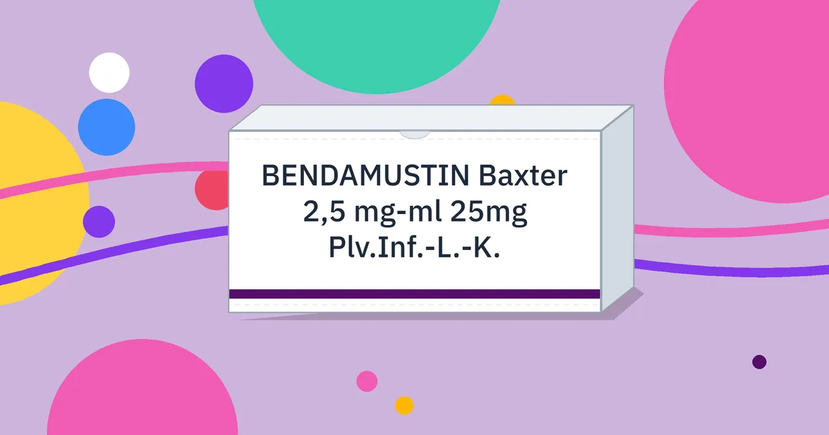 Symbolbild: Packung mit der Aufschrift BENDAMUSTIN Baxter 2,5 mg-ml 25mg Plv.Inf.-L.-K. (PZN 16233628) – Verfügbarkeit und Bezug in Apotheken in Frankfurt am Main