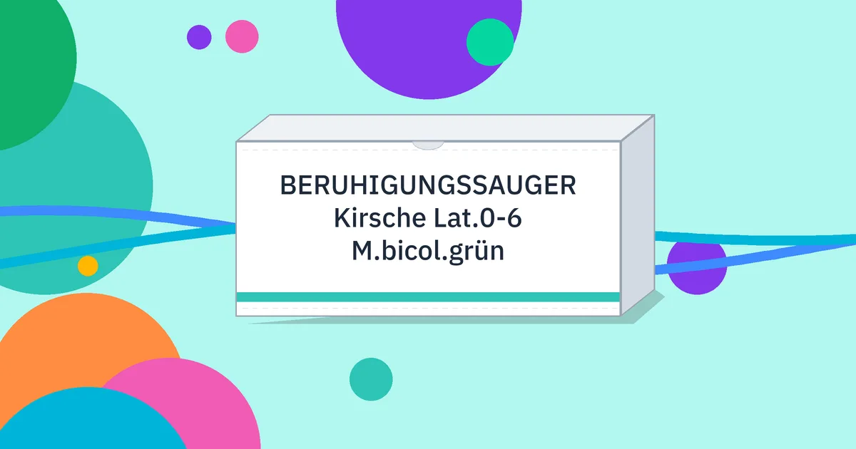 Symbolbild: Packung mit der Aufschrift BERUHIGUNGSSAUGER Kirsche Lat.0-6 M.bicol.grün (PZN 04792328) – Verfügbarkeit und Bezug in Apotheken in Frankfurt am Main