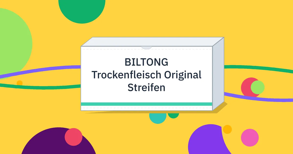 Symbolbild: Packung mit der Aufschrift BILTONG Trockenfleisch Original Streifen (PZN 19665759) – Verfügbarkeit und Bezug in Apotheken in Frankfurt am Main
