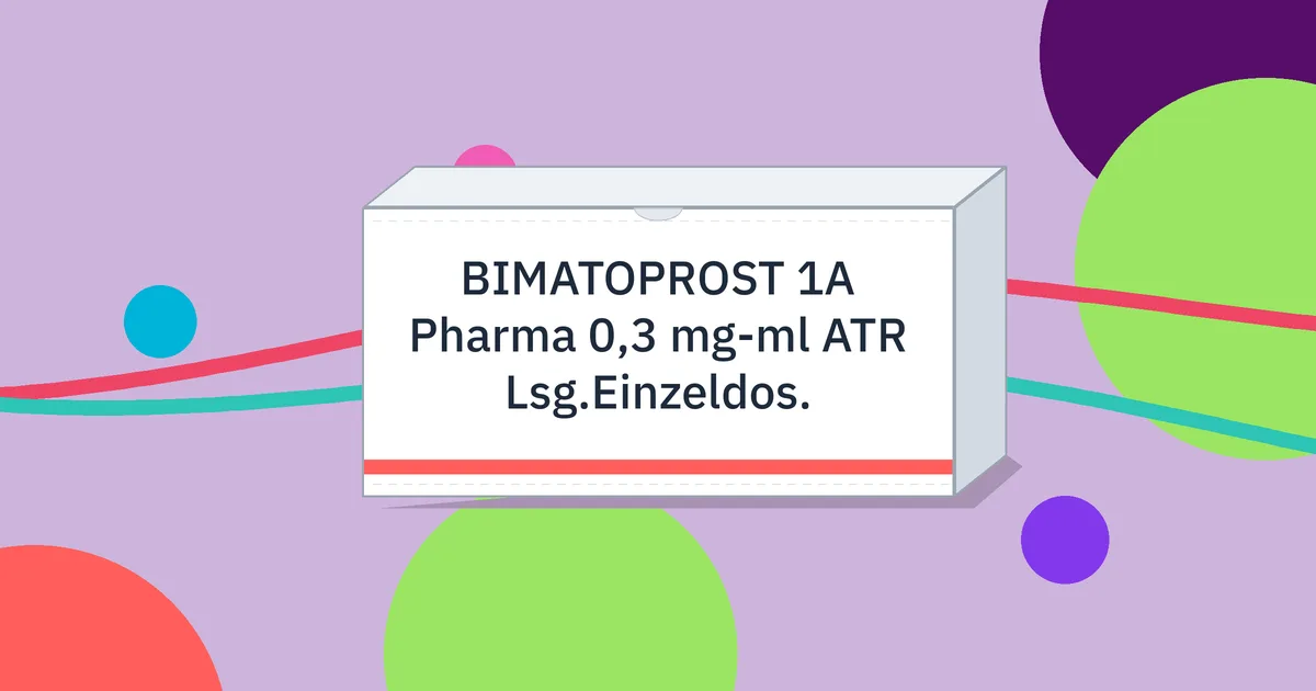Symbolbild: Packung mit der Aufschrift BIMATOPROST 1A Pharma 0,3 mg-ml ATR Lsg.Einzeldos. (PZN 19859860) – Verfügbarkeit und Bezug in Apotheken in Frankfurt am Main