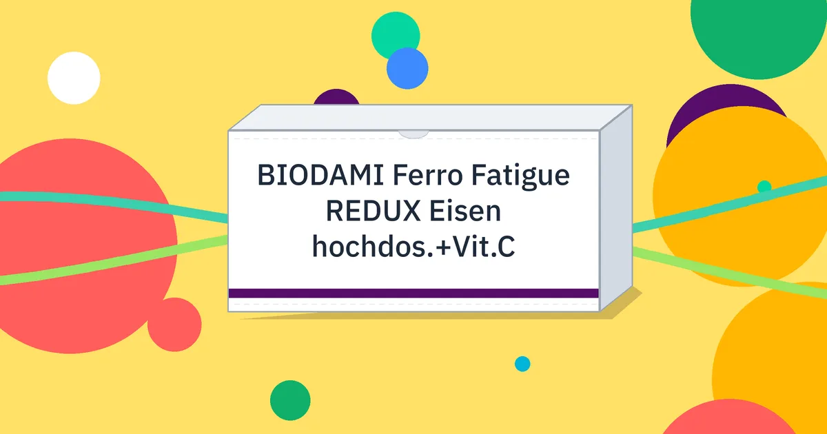 Symbolbild: Packung mit der Aufschrift BIODAMI Ferro Fatigue REDUX Eisen hochdos.+Vit.C (PZN 19388509) – Verfügbarkeit und Bezug in Apotheken in Frankfurt am Main