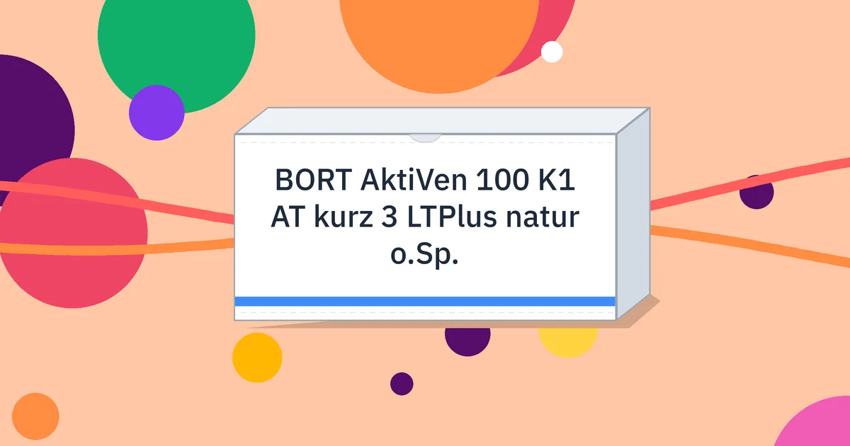 Symbolbild: Packung mit der Aufschrift BORT AktiVen 100 K1 AT kurz 3 LTPlus natur o.Sp. (PZN 18175444) – Verfügbarkeit und Bezug in Apotheken in Frankfurt am Main