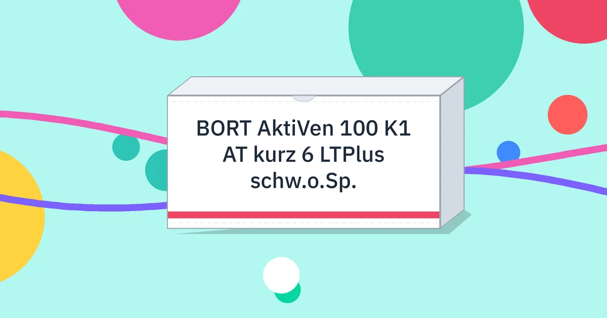 Symbolbild: Packung mit der Aufschrift BORT AktiVen 100 K1 AT kurz 6 LTPlus schw.o.Sp. (PZN 18175823) – Verfügbarkeit und Bezug in Apotheken in Frankfurt am Main