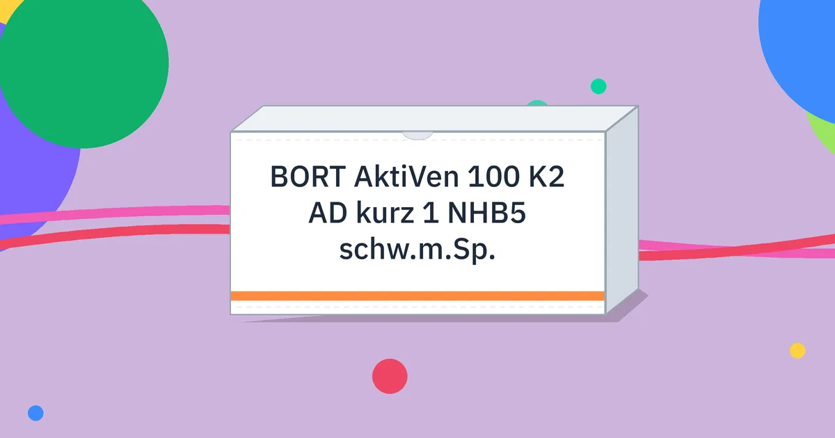 Symbolbild: Packung mit der Aufschrift BORT AktiVen 100 K2 AD kurz 1 NHB5 schw.m.Sp. (PZN 17497105) – Verfügbarkeit und Bezug in Apotheken in Frankfurt am Main