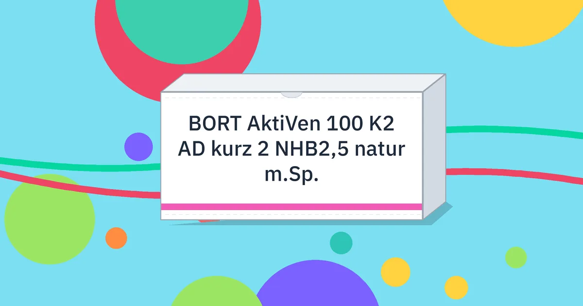 Symbolbild: Packung mit der Aufschrift BORT AktiVen 100 K2 AD kurz 2 NHB2,5 natur m.Sp. (PZN 17498837) – Verfügbarkeit und Bezug in Apotheken in Frankfurt am Main