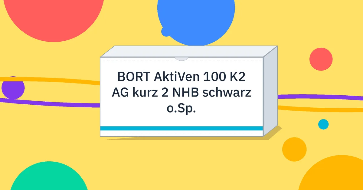 Symbolbild: Packung mit der Aufschrift BORT AktiVen 100 K2 AG kurz 2 NHB schwarz o.Sp. (PZN 14387385) – Verfügbarkeit und Bezug in Apotheken in Frankfurt am Main