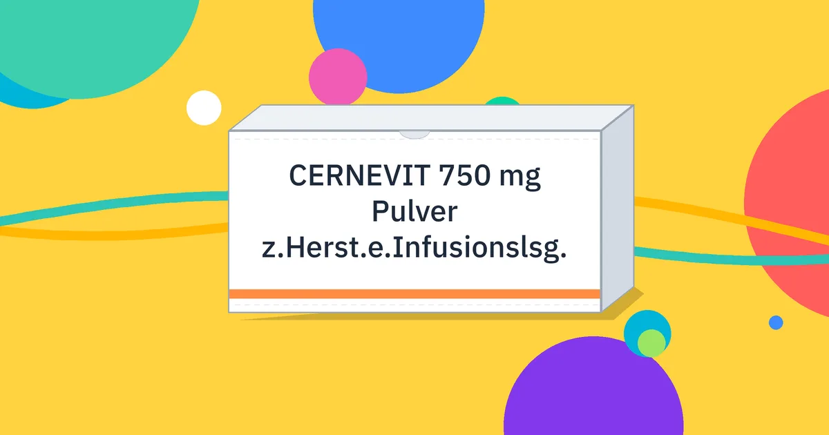 Symbolbild: Packung mit der Aufschrift CERNEVIT 750 mg Pulver z.Herst.e.Infusionslsg. (PZN 12601710) – Verfügbarkeit und Bezug in Apotheken in Frankfurt am Main