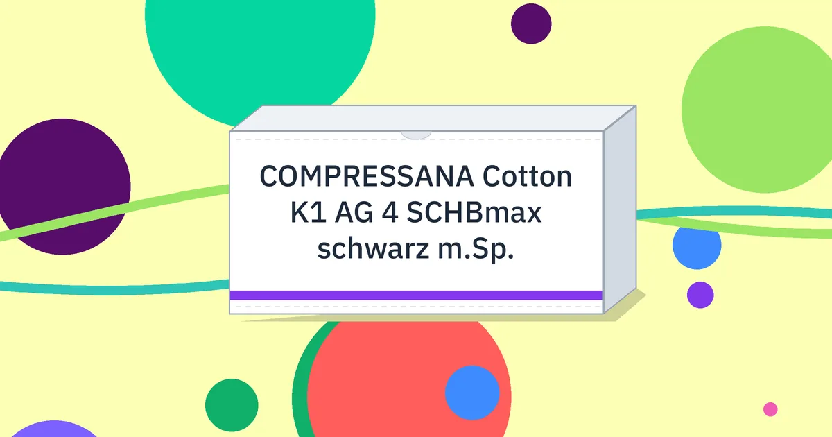 Symbolbild: Packung mit der Aufschrift COMPRESSANA Cotton K1 AG 4 SCHBmax schwarz m.Sp. (PZN 16959756) – Verfügbarkeit und Bezug in Apotheken in Frankfurt am Main